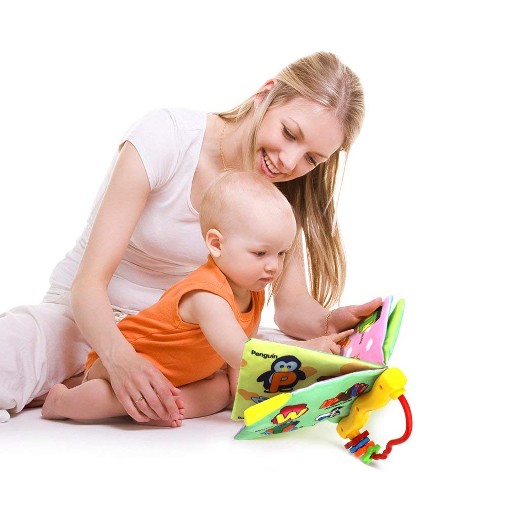 Hapavis Teething Cloth Books Soft Activity Crinkle Baby Books Toys for Early Education for Babies Teether Ring Letters