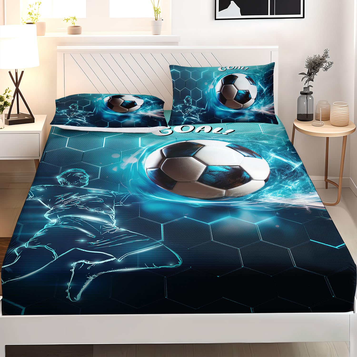 AILONEN Boys Soccer Printed Fitted Sheet Set Queen Size,Football Player Blue Bed Sheet Set,Sports Fitted Sheet with 2 Pillowcases,3 Piece Speed Soccer Bedding Set for Kids Teens Men