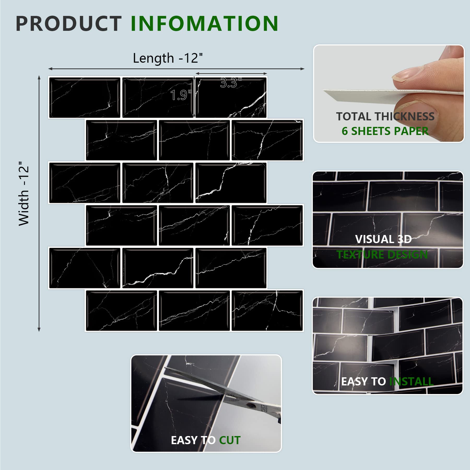 AINNO 10-Sheet Subway Tiles Sticker Peel and Stick Backsplash,12"x12" Premium Self Adhesive Wall Tiles Stick on Back Splashes for Kitchen,Bathroom Black Waterproof Vinyl
