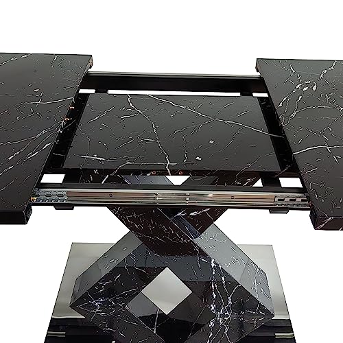 CEMKAR Modern Square Dining Table, 47.24β-62.99" L Stretchable, Printed Black Marble Table Top+MDF X-Shape Table Leg with Metal Base (Black)