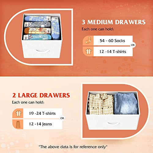 WLIVE 2-Drawer Nightstand and 5-Drawer Dresser Set, Dressers for Bedroom, Fabric Storage Tower, Hallway, Entryway, Closets, Sturdy Steel Frame, Wood Top, Easy Pull Handle (White)