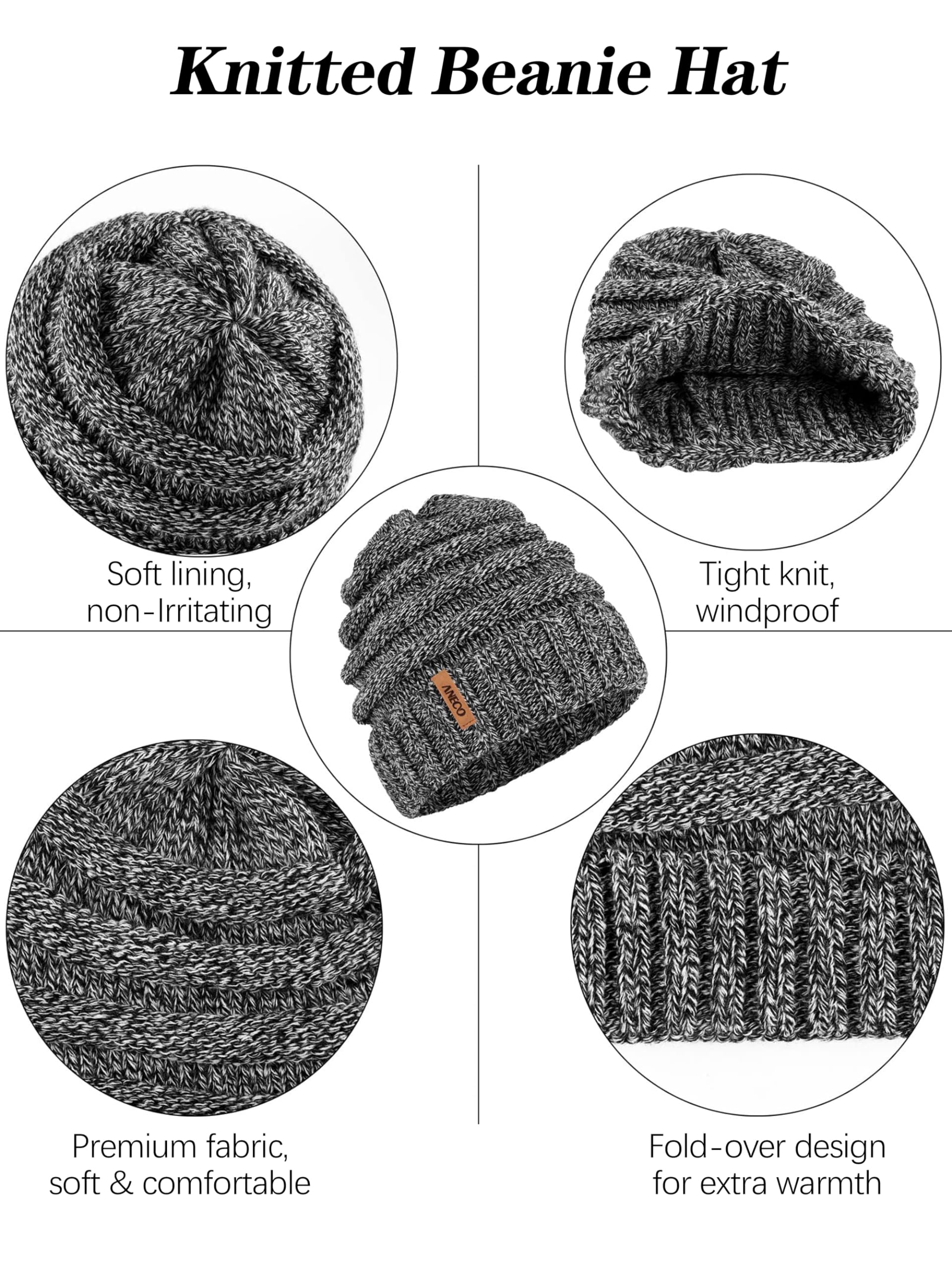 Aneco Winter Warm Knitted Scarf Beanie Hat and Gloves Set Men & Women's Soft Stretch Hat Scarf and Mitten Set