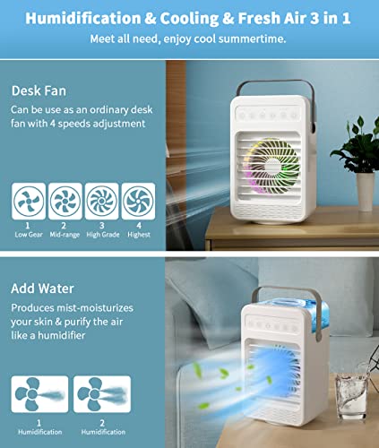 Personal Air Cooler, 70°Oscillating Evaporative Ultra Portable Personal Air Cooler with 7 Colors LED Light, 4 Wind Speeds, 2 Refrigeration, 2/4/6Timer, 2 Spray Modes and 450ml large tank for Office
