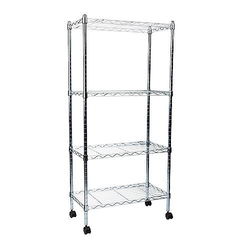 Mind Reader Alloy Collection Adjustable 4-Tier Industrial Storage Shelves with Wheels, Metal, 23.25" L x 13.5" W x 49.5" H, Silver