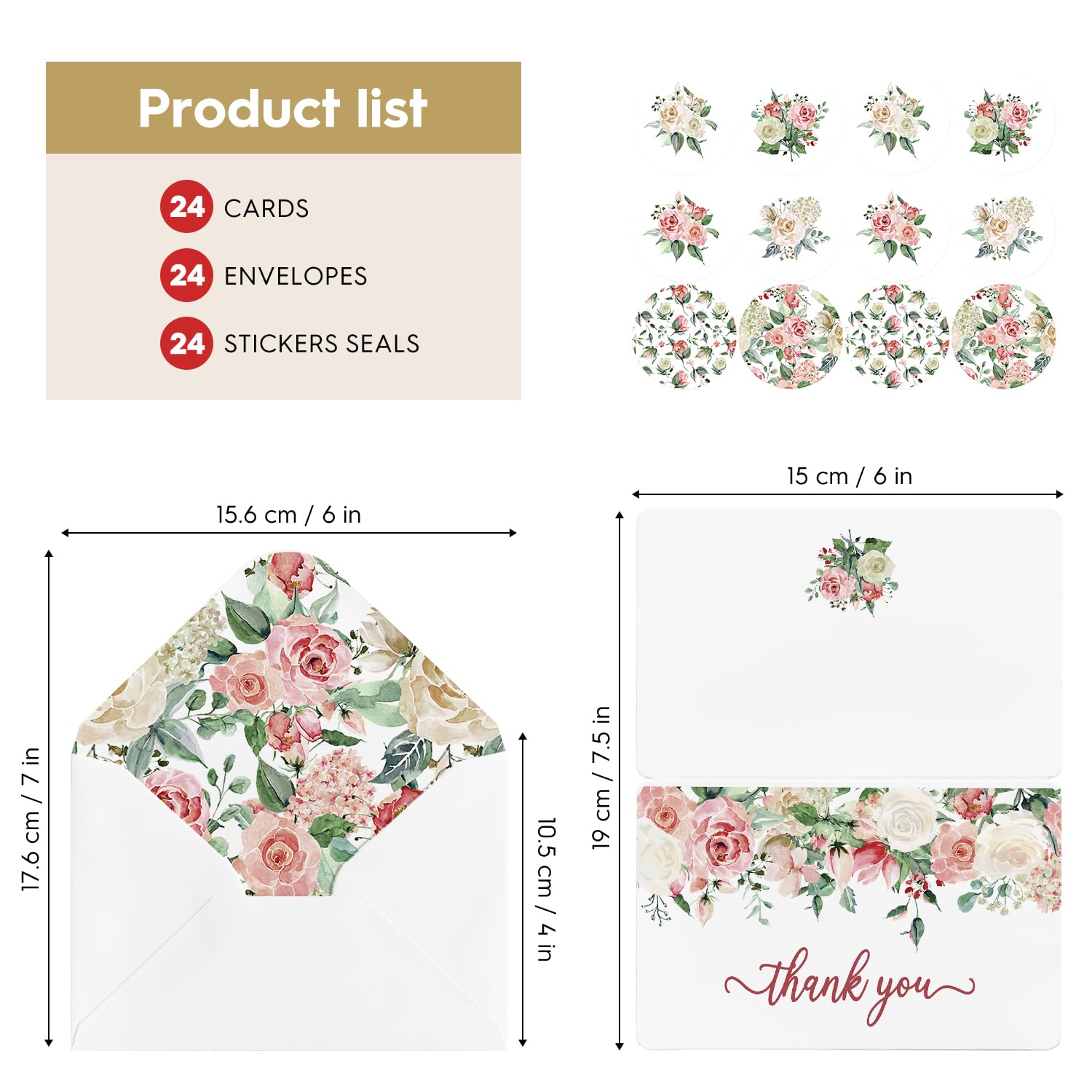 Artoid Mode 24 Pack Rose Flower Thank You Cards Wedding Greeting Cards Gift With Envelope Sticker Blank Note Cards for Birthday Wedding Baby Shower Bridal Shower, 4 x 6 Inch