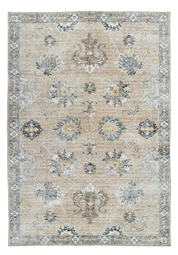 Kaspene Home - Machine Washable Thin 3x5 Area Rug - Oriental Vintage Blue and Brown, Bedroom, Hallway, Bathroom, and Entryway - Stain and Water-Resistant - Non-Slip - Pet and Kid Friendly