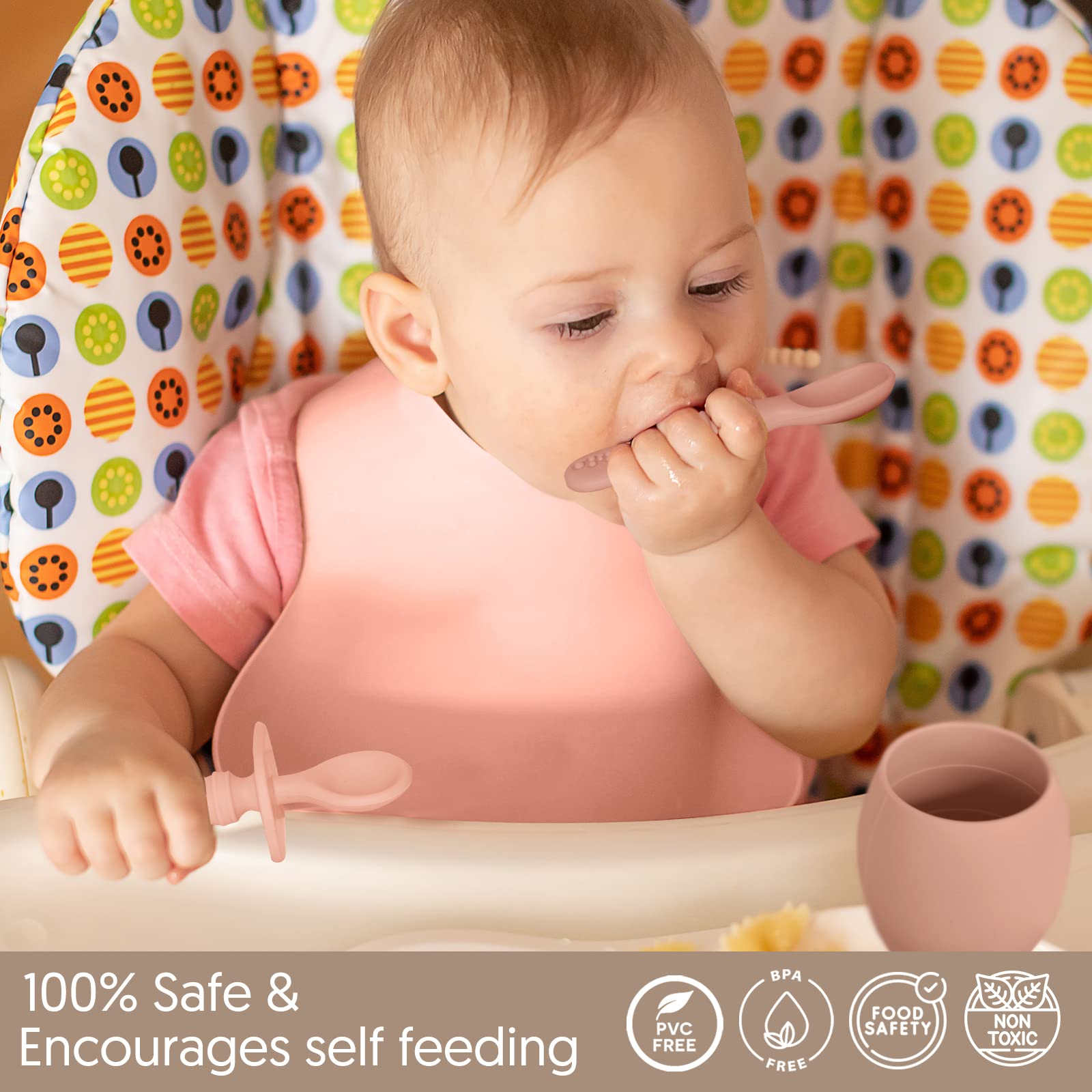 Baby Silicone Feeding Set - Baby Led Weaning Utensils, Silicone Bibs, Infant Feeding Cups For Boys, Girls, & Toddlers Smooth Waterproof Material For Practical Eating, Set of 8