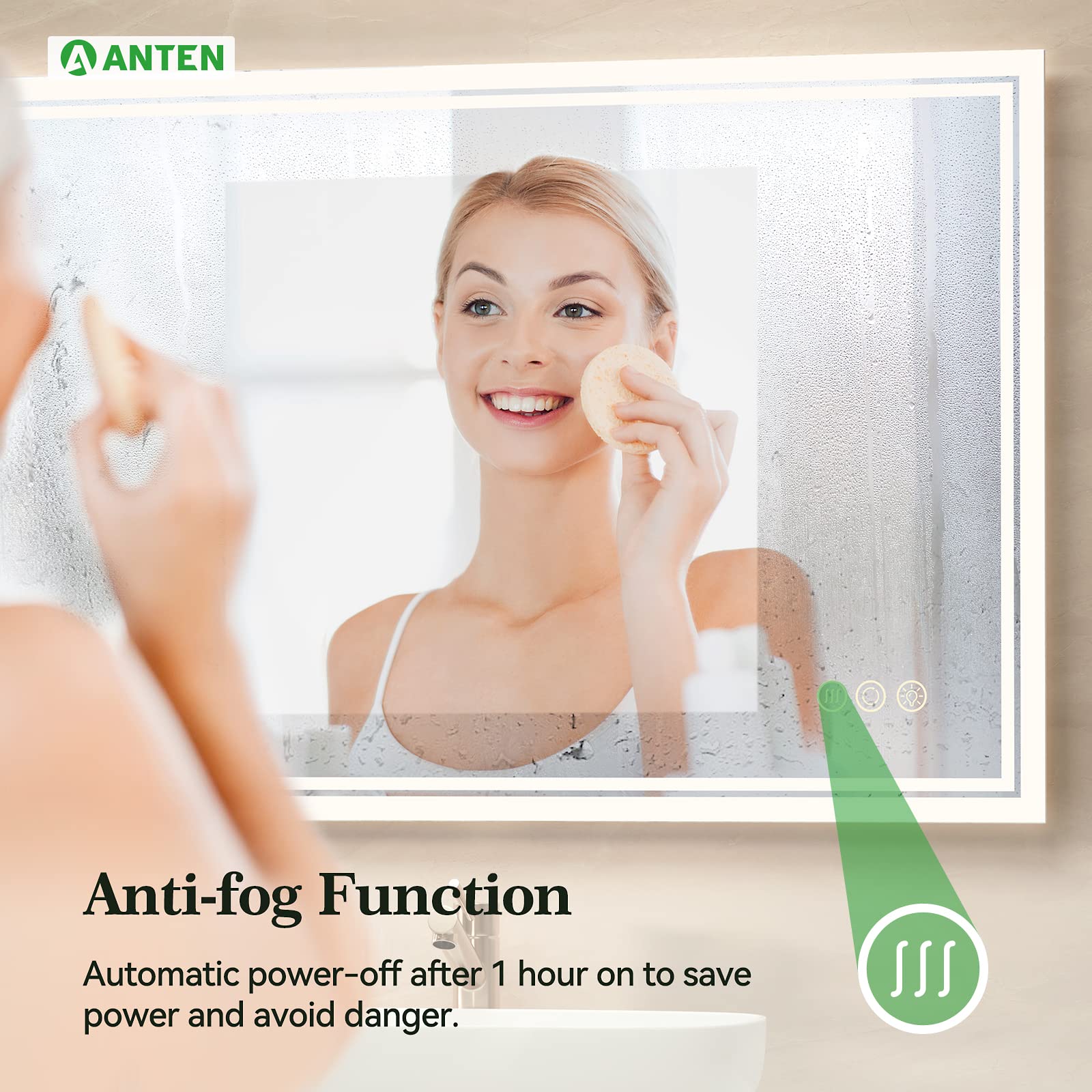 ANTEN 32" x 24" LED Mirror for Bathroom, Backlit Lighted Mirrors for Bathroom Wall, Anti Fog Led Vanity Mirror, 3000-6000K, Stepless Dimmable, IP54, Shatterproof Makeup Mirror