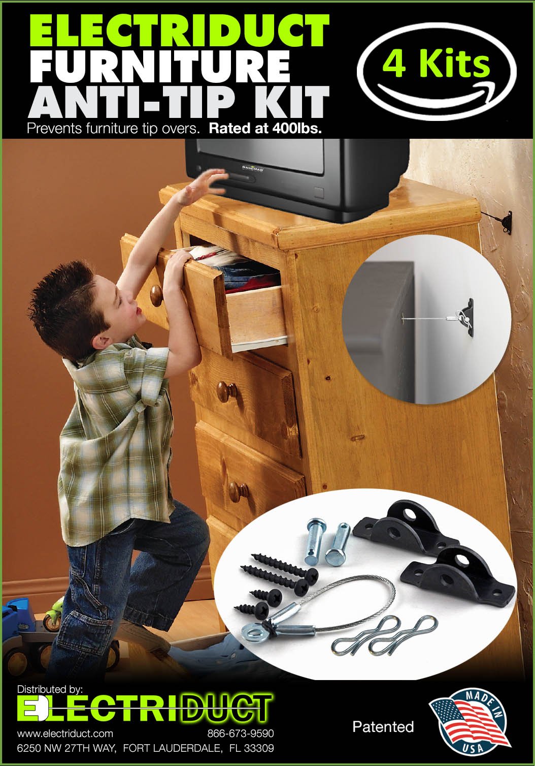 Furniture Anti-Tip Kit - 400 Pound Falling Furniture Prevention Device - 4 Pack