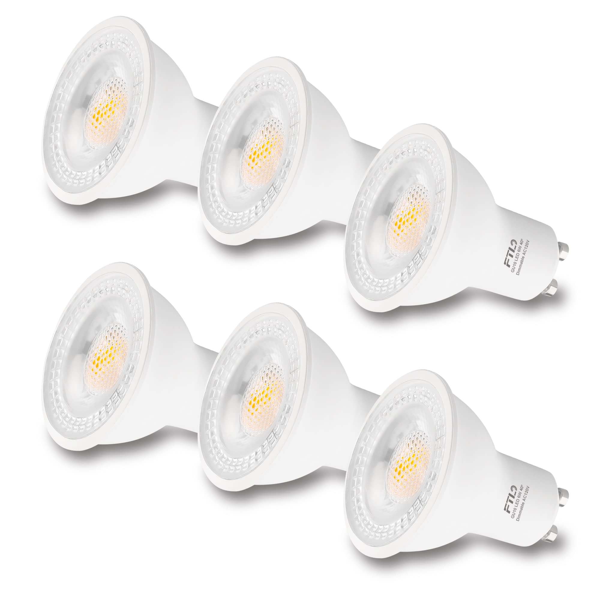 FTL GU10 LED Bulbs Dimmable 3000K Warm White 6W 600LM, 60W Halogen Replacement, 40 Degree Spot Track Light Bulbs, Recessed Ceiling Light Bulb, 6-Pack