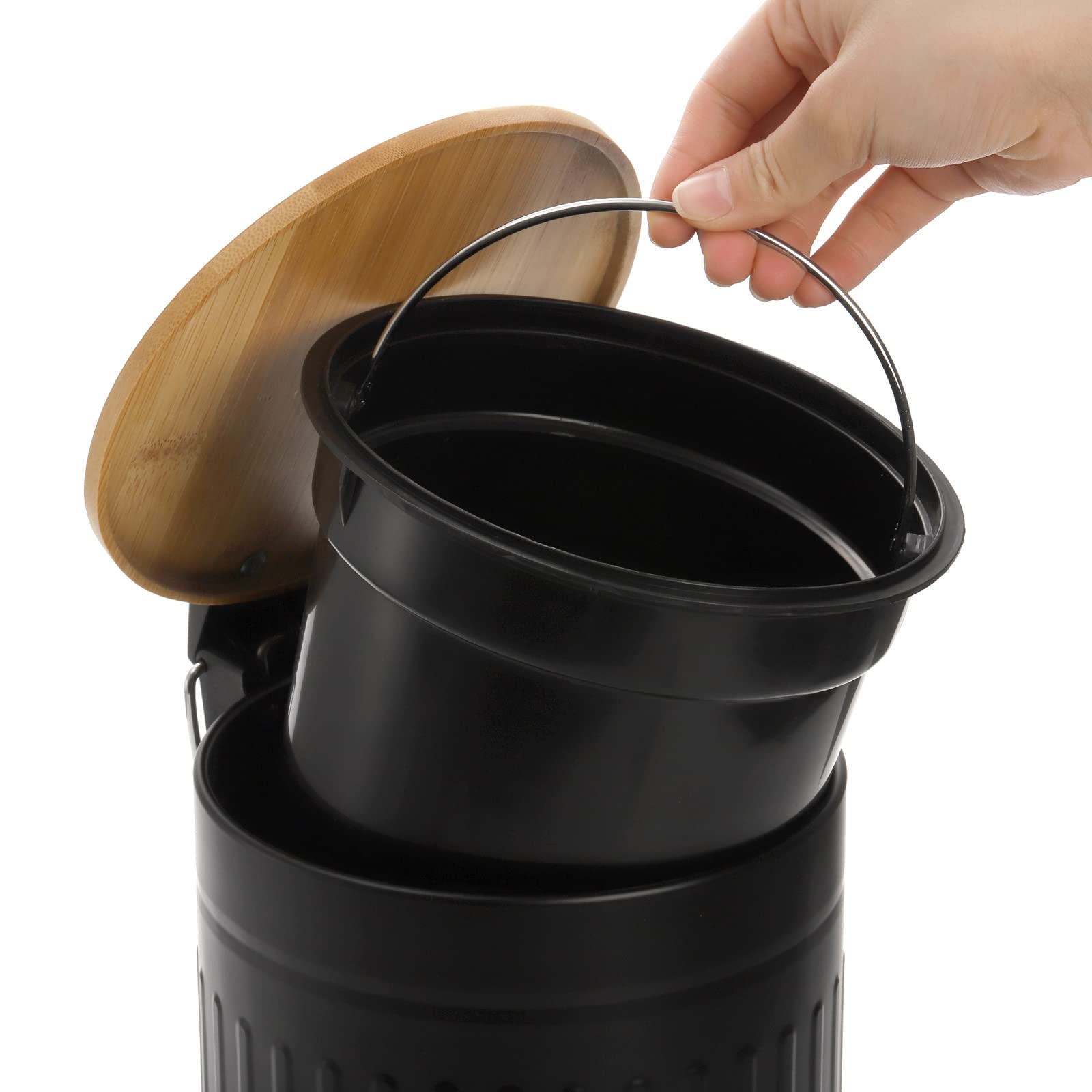 AVLA 2 Liter Small Step Trash Can, Metal Pedal Rubbish Wastebasket Trashcans, Round Garbage Container Bin with Bamboo Lid and Liner Bucket, Compact Waste Basket for Bathroom Office Bedroom Kitchen