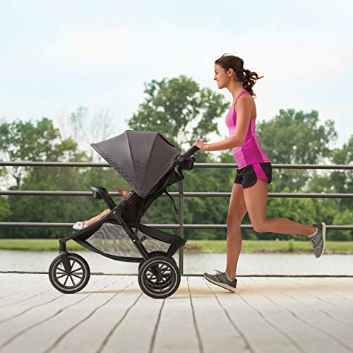 Evenflo Folio3 Stroll & Jog Travel System w/LiteMax 35 Infant Car Seat, Crossover Versatility, Ultra-Compact, Self-Standing Folding Design, 12β Air-Filled Tires, Front Wheel Swivel Lock, Avenue Gray
