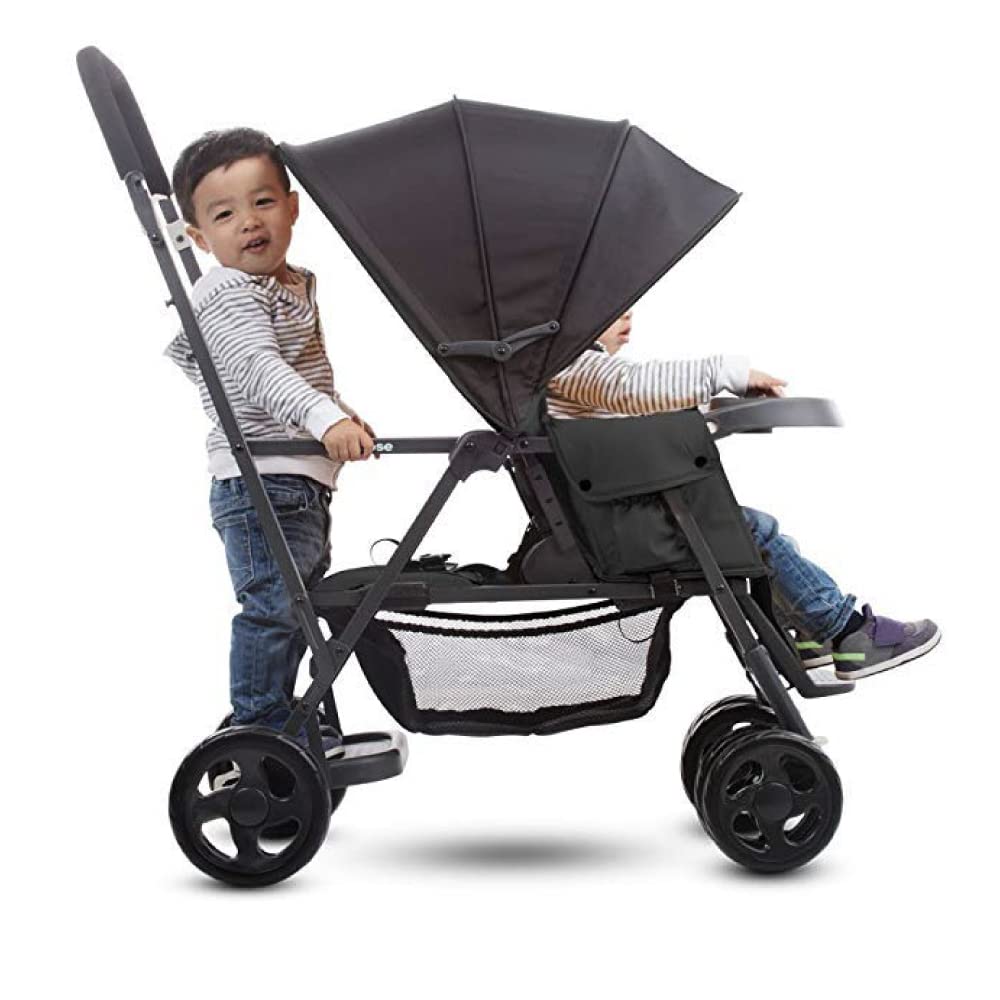 Joovy Caboose Sit and Stand Double Stroller with Rear Bench and Standing Platform, 3-Way Reclining Seats, Optional Rear Seat, and Universal Car Seat Adapter (Amber)