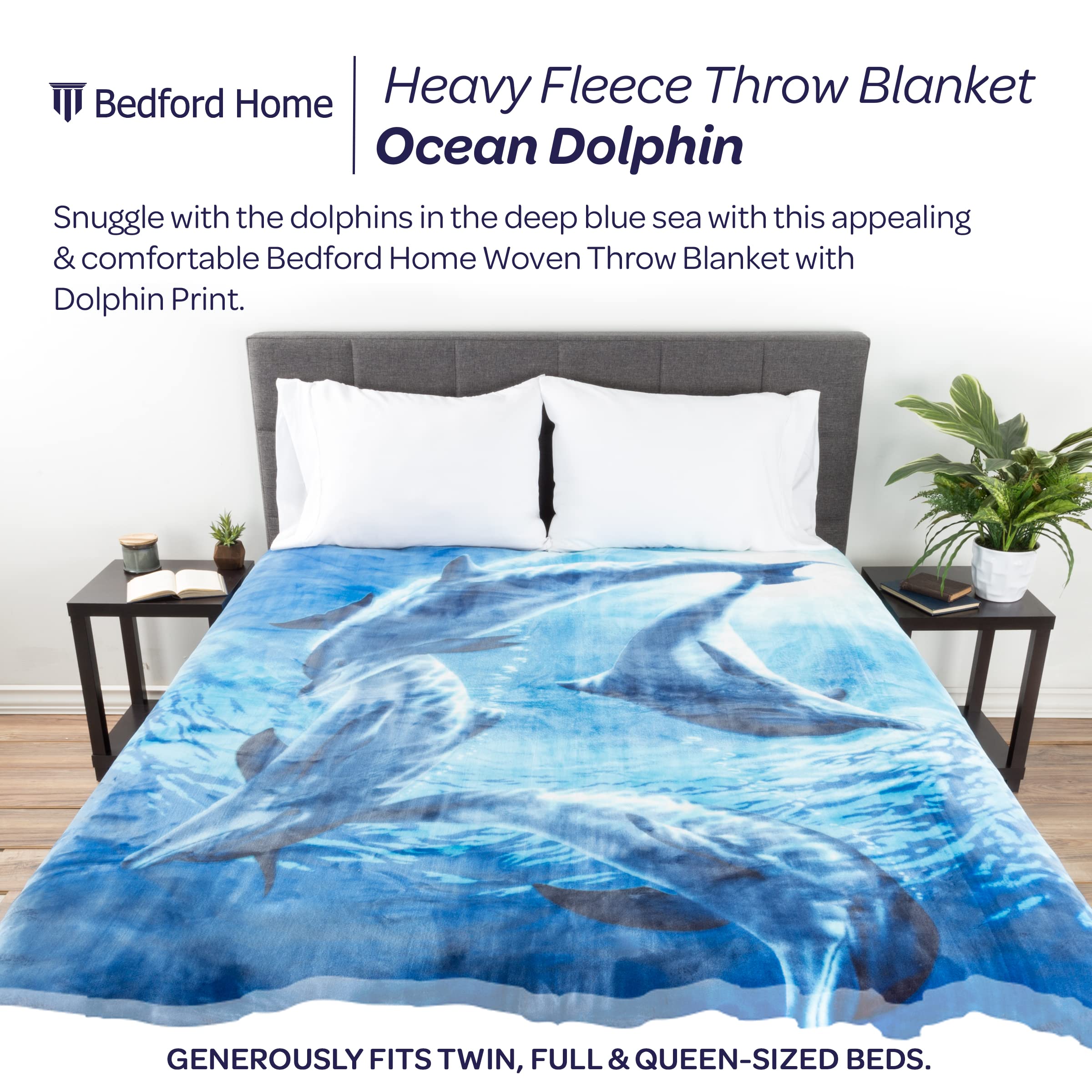 Bedford Home Heavy Fleece Ocean Dolphins Pattern-Plush Thick 8 Pound Faux Mink Soft Blanket for Couch Sofa Bed (74β x 91β), Multicolor (66A-46894)