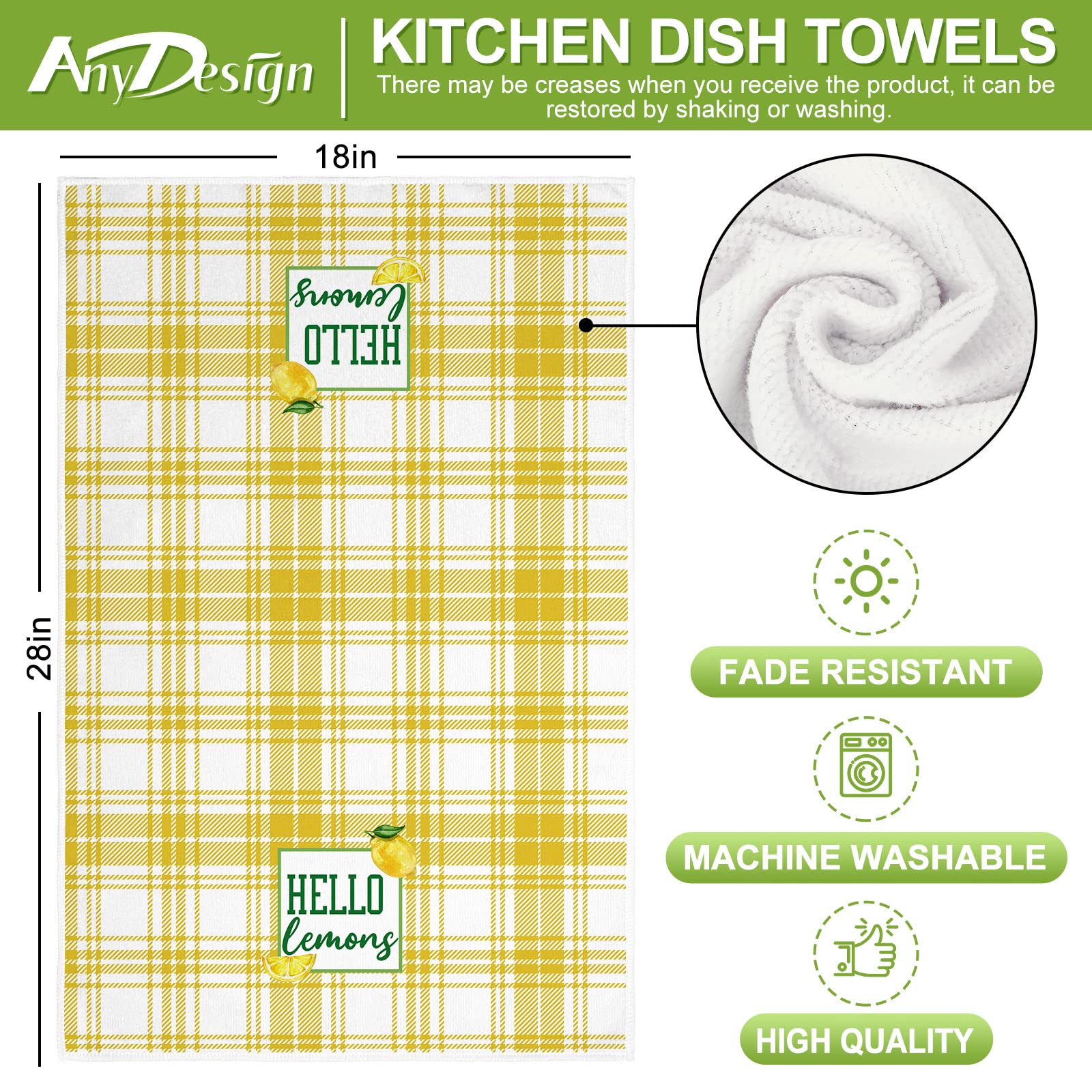 AnyDesign Lemon Kitchen Towel Watercolor Hello Lemons Dish Towel 18 x 28 Inch Spring Summer Yellow Check Plaids Hand Drying Tea Towel for Farmhouse Cooking Baking Cleaning Wipes, Set of 2