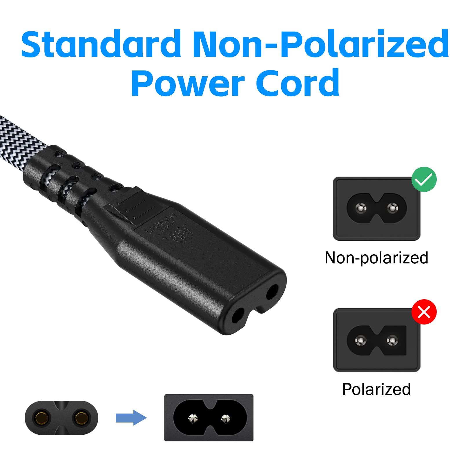 AC Power Cord 3FT(5 Pack), 2 Prong TV Power Cord, Nylon Braid Cable Replacement for Xbox One S, Xbox One X, Xbox Series X, PS3, PS4, PS5, Compatible for Printer, Monitor, Sound Bar, Game Console