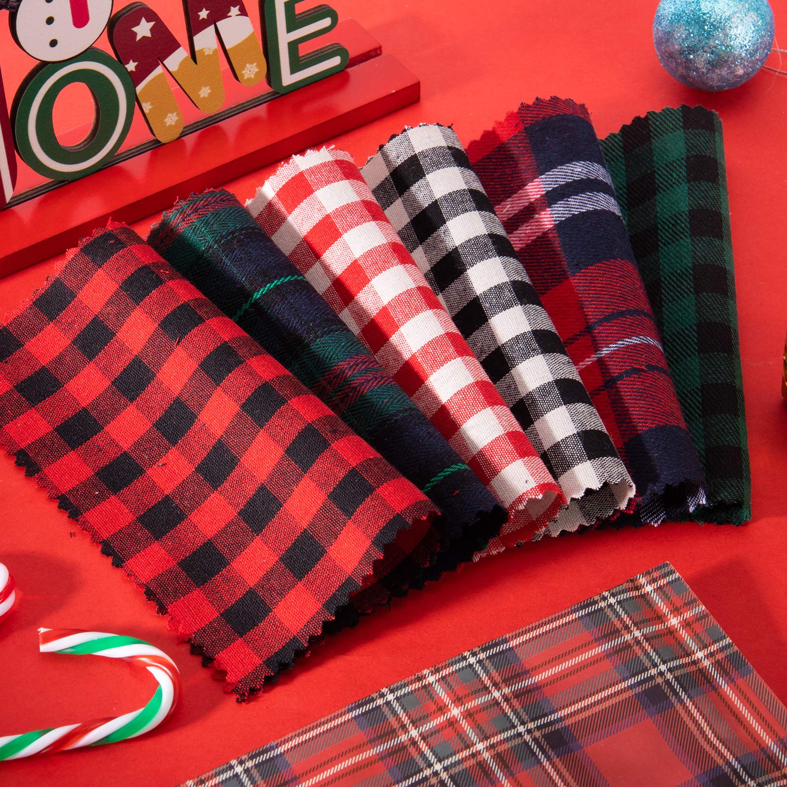 60pcs Buffalo Plaid Fabric, Christmas Fabric Fat Quarters, 6 Styles Cotton Xmas Quilting Fabric Squares for Sewing Patchwork DIY Homemade Crafts (5.9 inches)