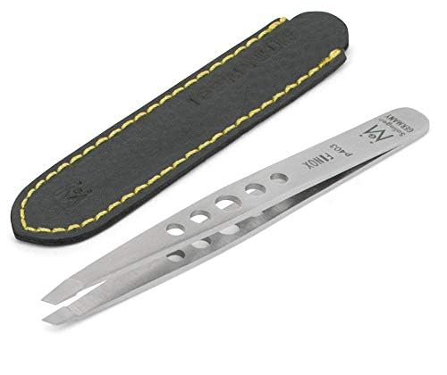 GERMANIKURE Professional Perforated Slanted Tweezers - FINOX Stainless Steel sharp tweezers in Leather Case - Professional Tweezers –Easy to use best tweezers- Ethically made in Solingen Germany 4403