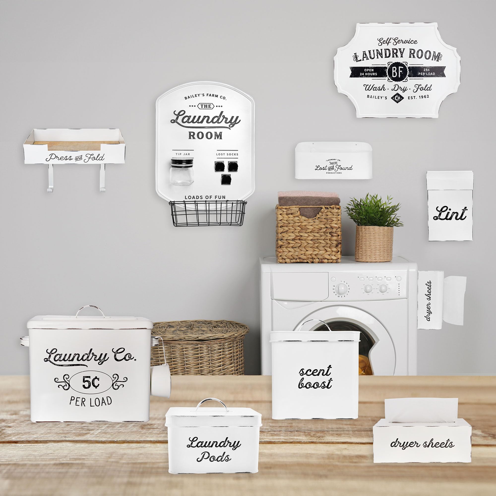 AuldHome Dryer Sheet Dispenser; Countertop Rustic White Fabric Softener Sheet Holder for Laundry Room