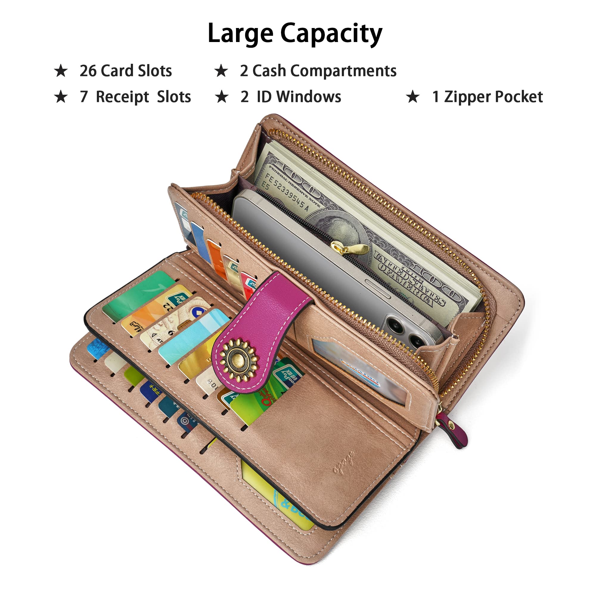 OPAGE Wallets for Women PU Leather Credit Card Holder with RFID Blocking Large Capacity Wristlet