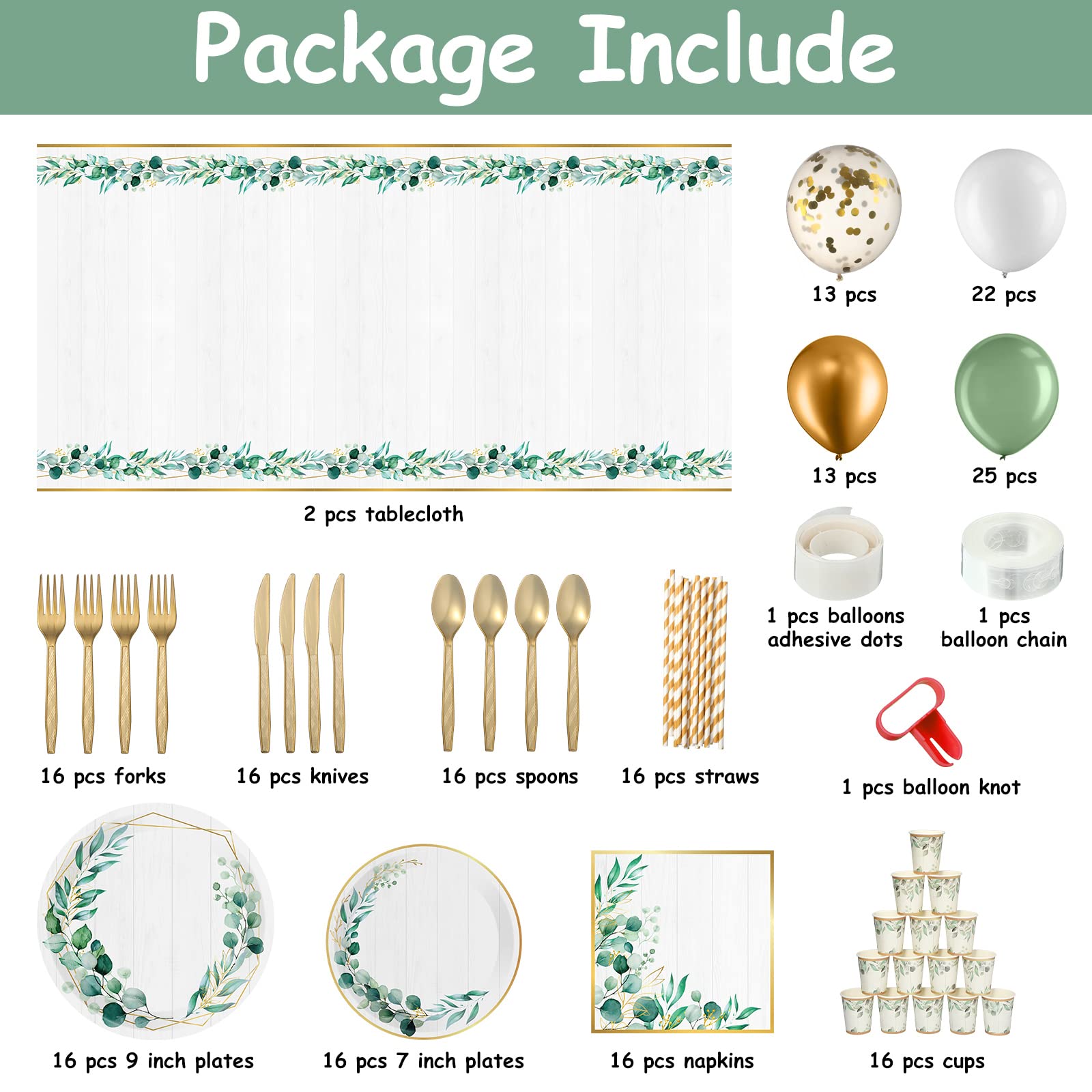 Eucalyptus Party Supplies Sage Greenery Plates and Napkins Green Leaf Tablecloth Balloons Gold Leaf Jungle Theme Boho Party Supplies for 16 Guests Tableware Bridal Wedding Decorations