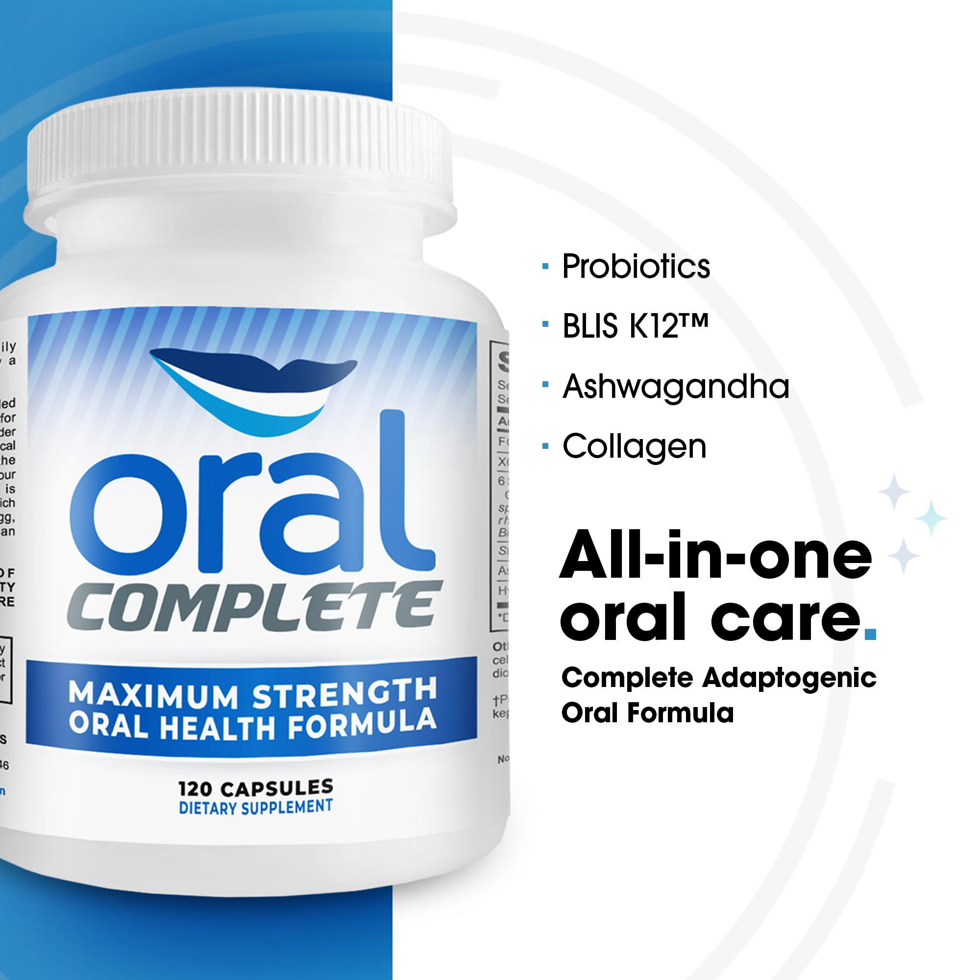 Oral Complete 11-in-1 Dental Probiotics, Bad Breath Treatment Halitosis Tonsil Stone with Non-GMO with BLIS K12, Ashwagandha and Collagen, 120 Capsules
