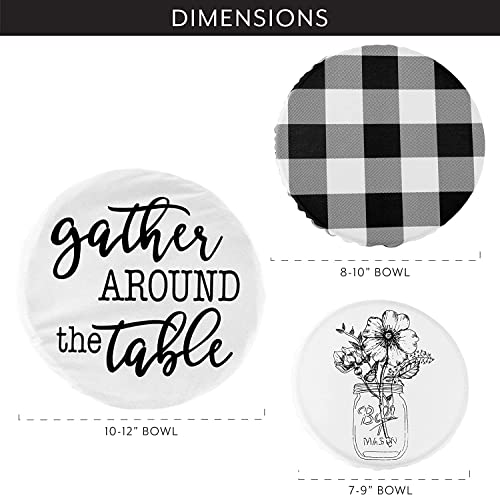 AuldHome Reusable Fabric Bowl Covers (Set of 3); Rustic Farmhouse Themed Black and White Stretchy Cloth Bowl Covers