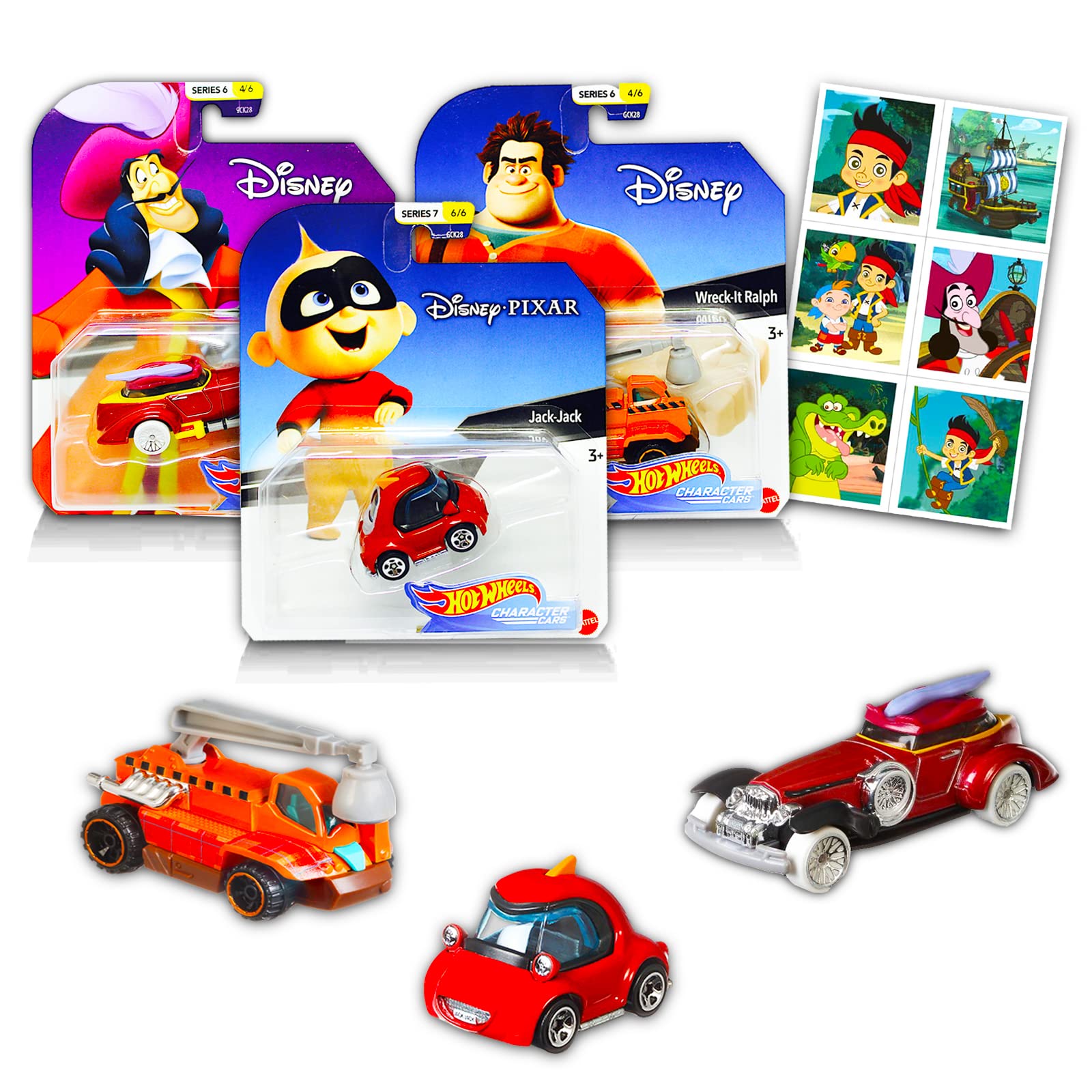 Disney Hot Wheels Character Cars Set - Bundle with 3 Hot Wheels Toy Cars Featuring Captain Hook, Wreck-It Ralph, and Jack Jack Plus Jake and The Neverland Pirates Stickers (Hot Wheels Toys)