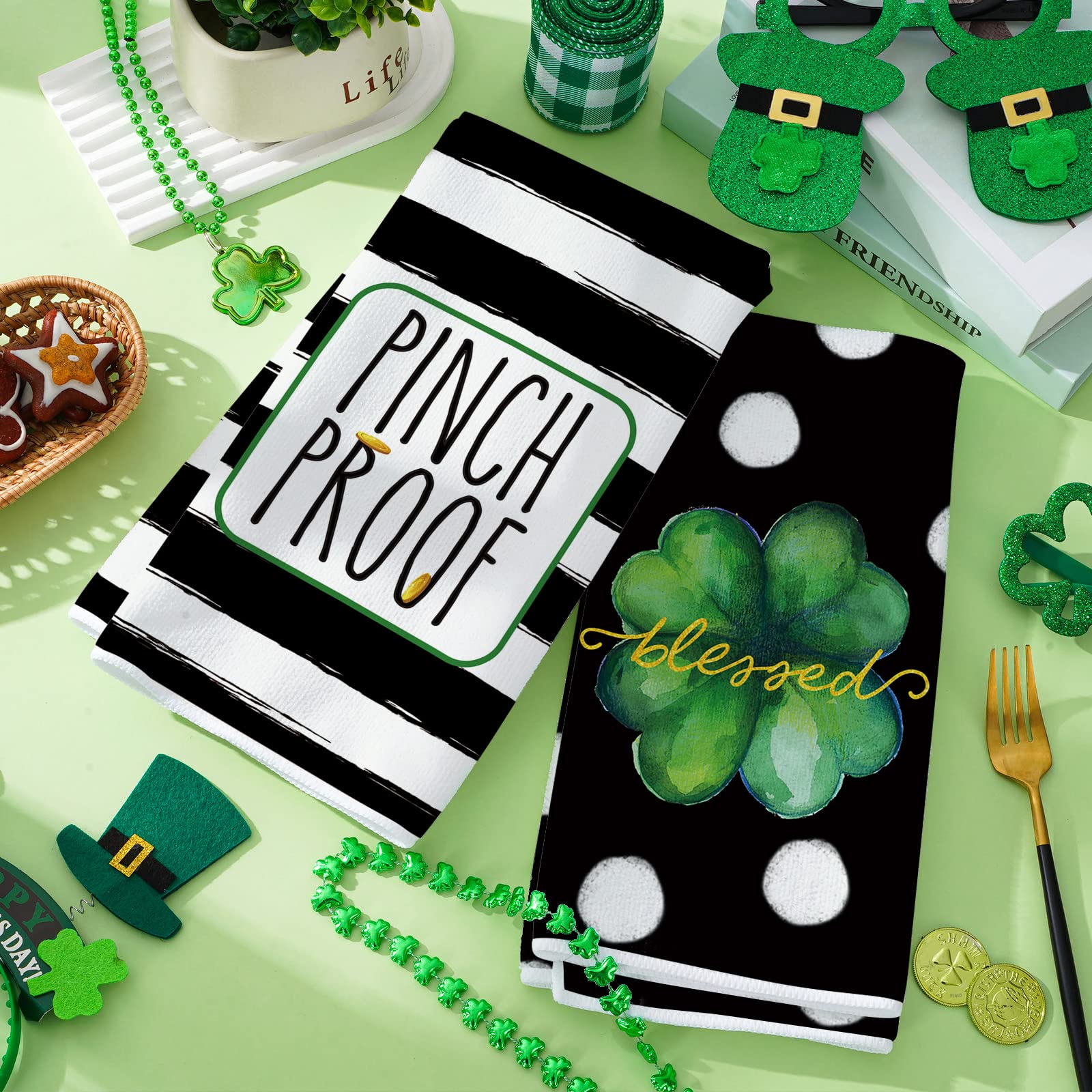 AnyDesign St. Patrick's Day Kitchen Towel Watercolor Shamrock Clover Dish Towel Set of 4 White Black Stripes Dots Hand Drying Tea Towel for Cooking Baking Cleaning Wipes, 18 x 28 Inch