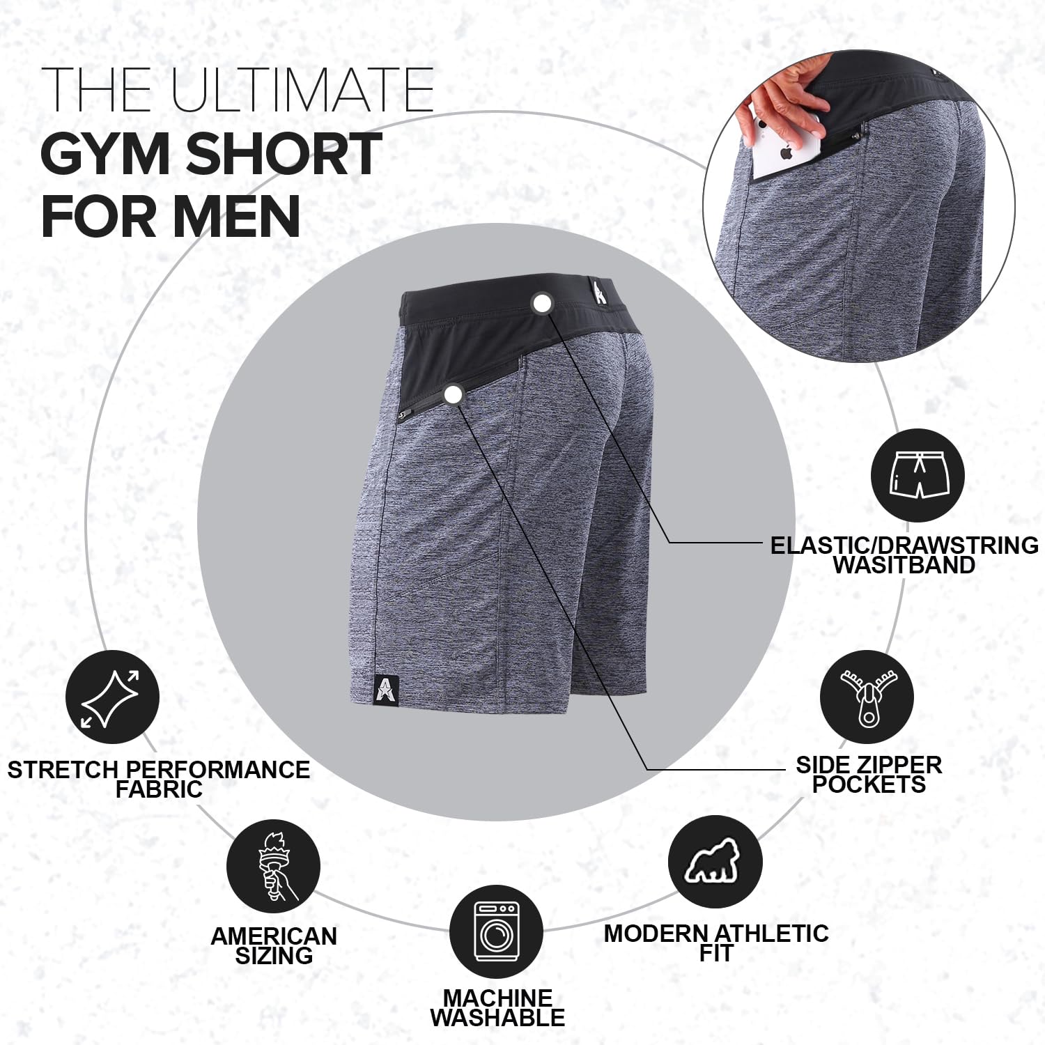 Anthem Athletics Hyperflex 9 Inch Men's Workout Shorts - Zipper Pocket Short for Running, Athletic & Gym Training - Iron Rhino Grey G2 - X-Large