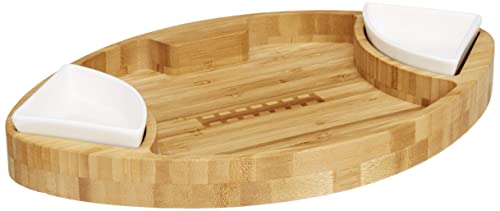 Prairie Collections Football Shaped Bamboo Serving Tray (10" x 16" x 2.5”) Includes 2 Dip Trays - Large Chip Serving Dish for Parties