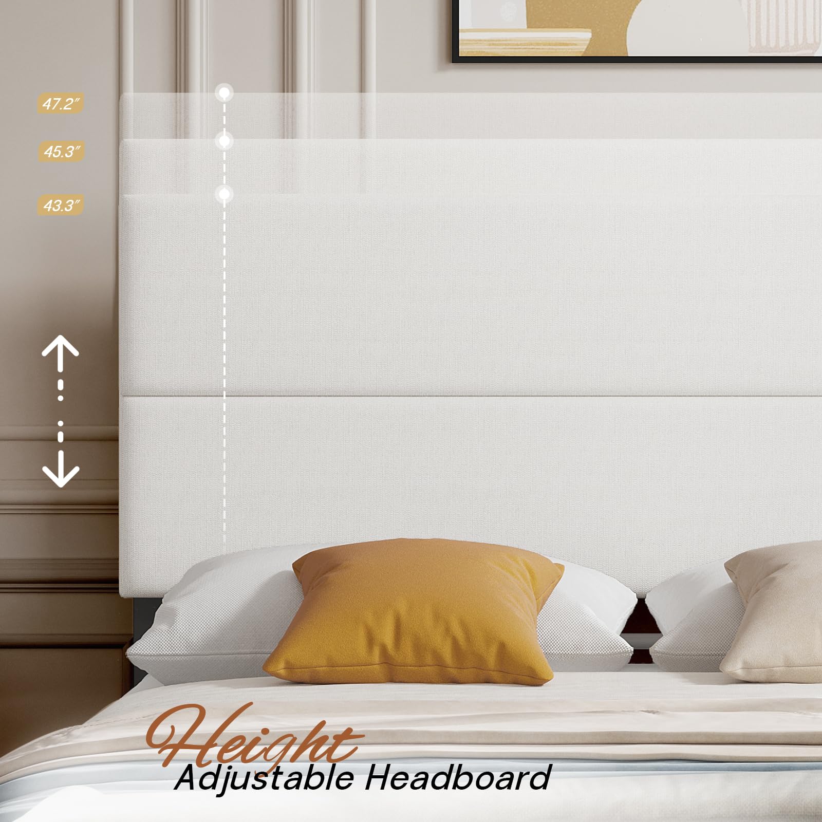 HOWE Queen Size Bed Frame, Upholstered Platform Bed with Adjustable Headboard, Sturdy Bedframe Linen Fabric/Easy Assembly/No Box Spring Needed/Noise-Free/Cream
