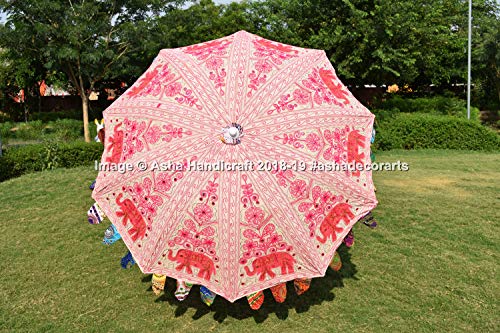 Asha Handicraft 72" Indian Handmade Embroidered Elephant Garden Umbrella, Large Outdoor Patio Parasols, Beach Umbrella Sun Shade Wedding Decorative Umbrellas (Large, White & Pink)