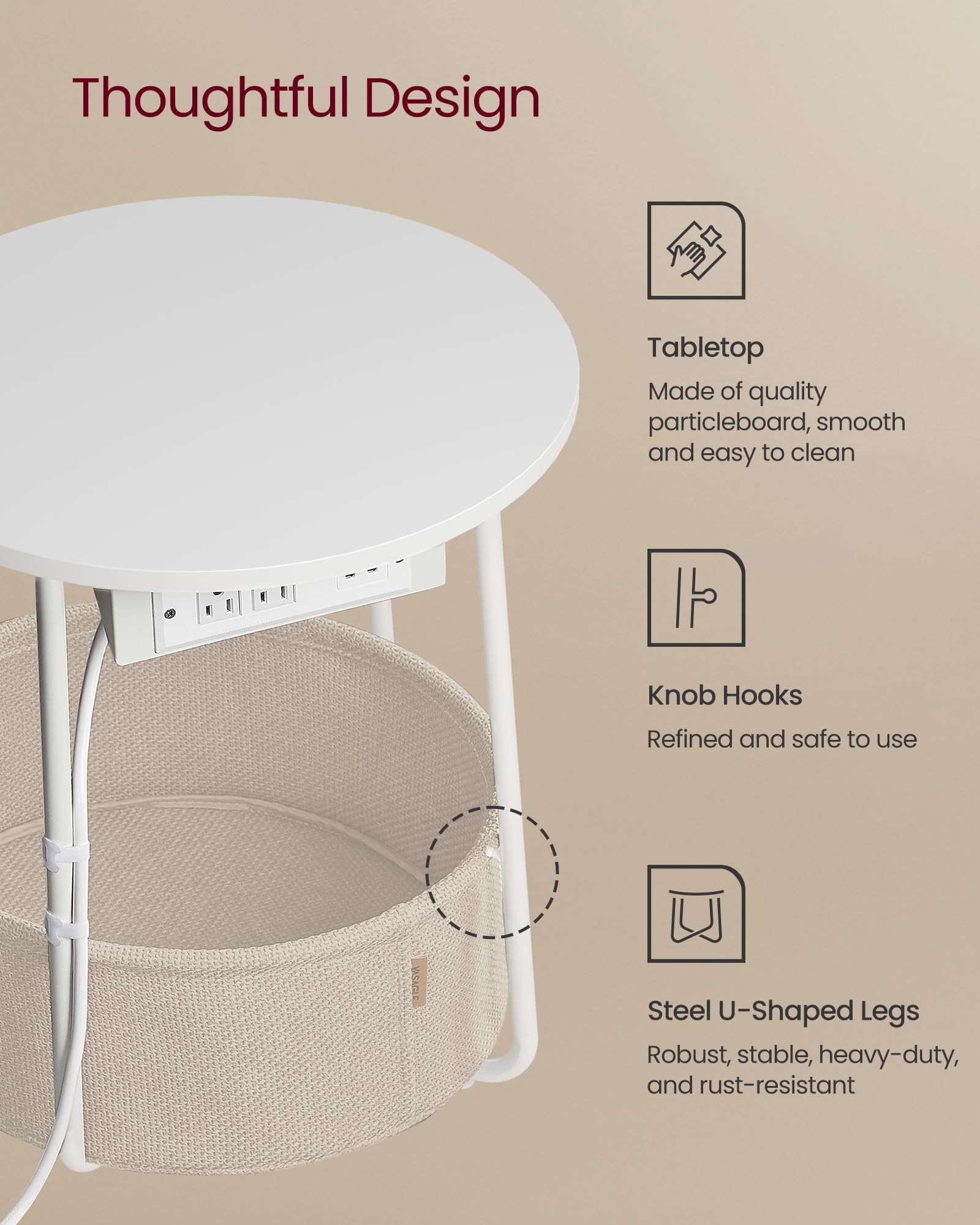 VASAGLE Side Table with Charging Station, Round End Table With Fabric Basket, Nightstand with Power Outlets USB Ports, for Living Room, Bedroom, Modern, Matte White and Camel Brown ULET228W01