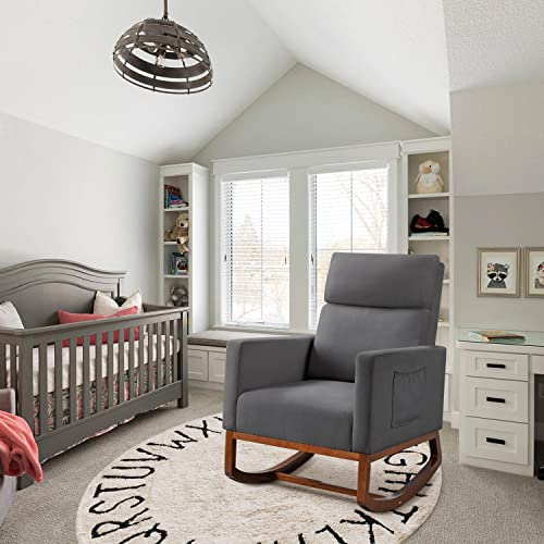 Yaheetech Rocking Chair Nursery Upholstered Glider Chair with Rubber Wood Legs Side Pocket, Rocking Accent Armchair for Living Room, Gray