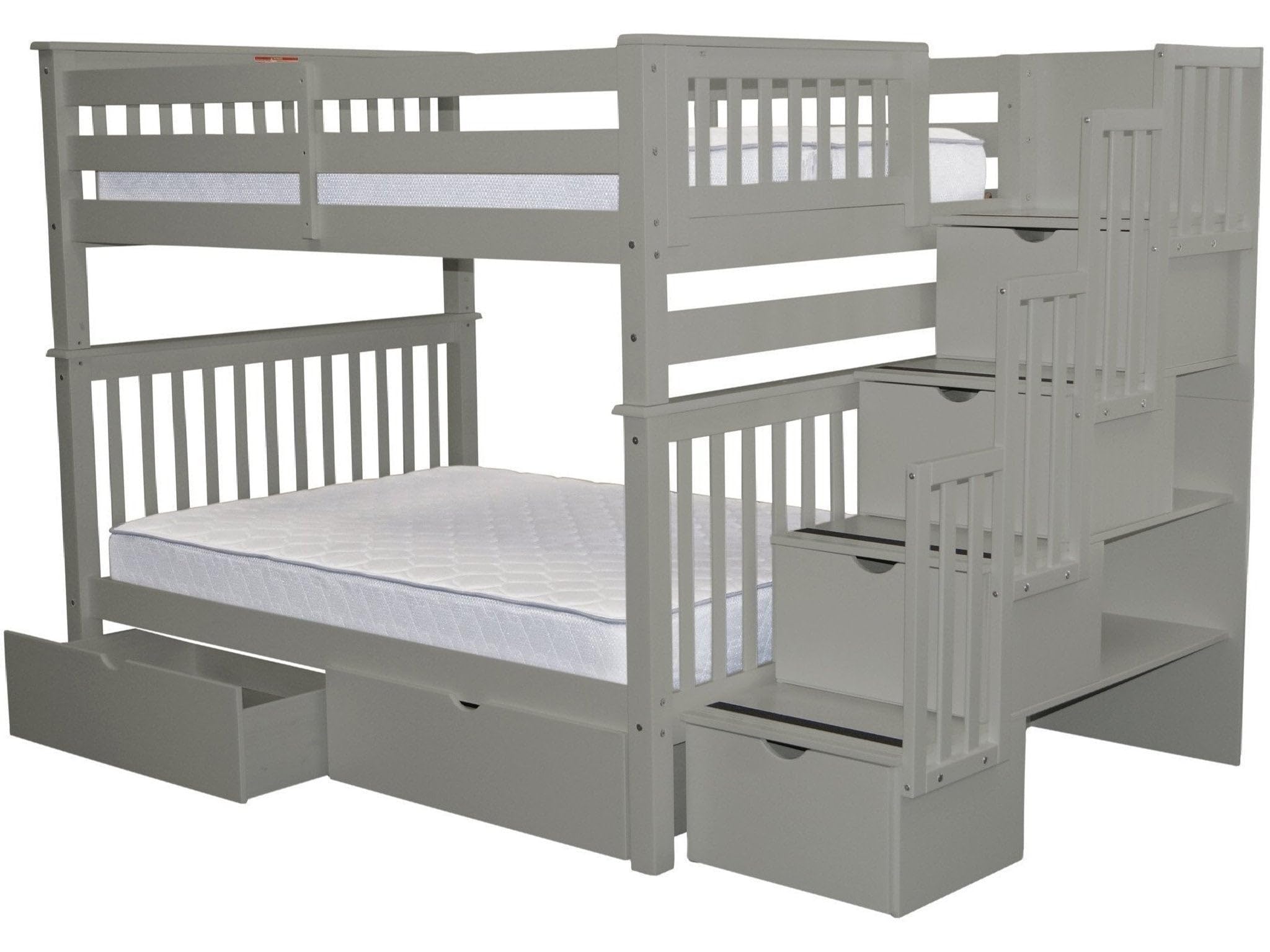 Bedz King Bunk Beds Full over Full with 4 Drawers in the Steps and 2 Under Bed Drawers, Gray
