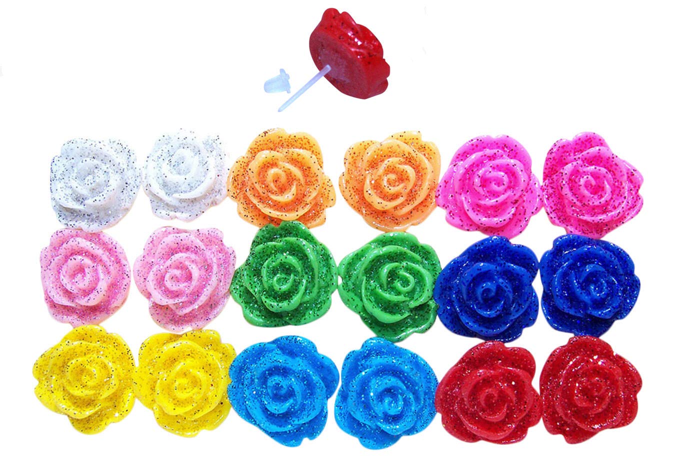 9 Pairs Multi Colors Rose Flowers Acrylic Nylon Plastic Post Earrings Medical Hypoallergenic No Metal Studs Sensitive Ears Women