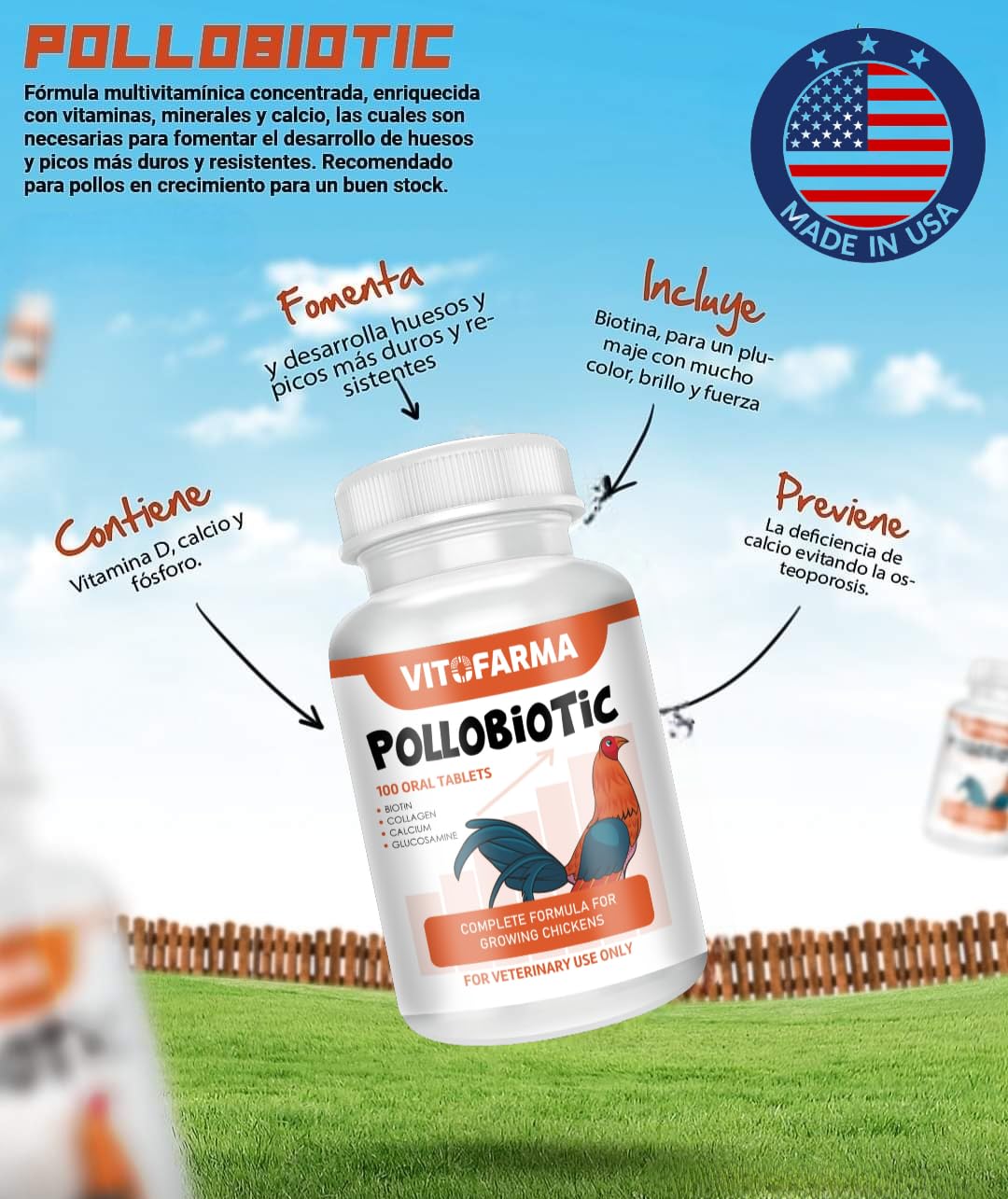 VITOFARMA POLLOBIOTIC - Essential Vitamin Supplement for Optimal Health and Performance in Chickens and Roosters - 100 Tablets