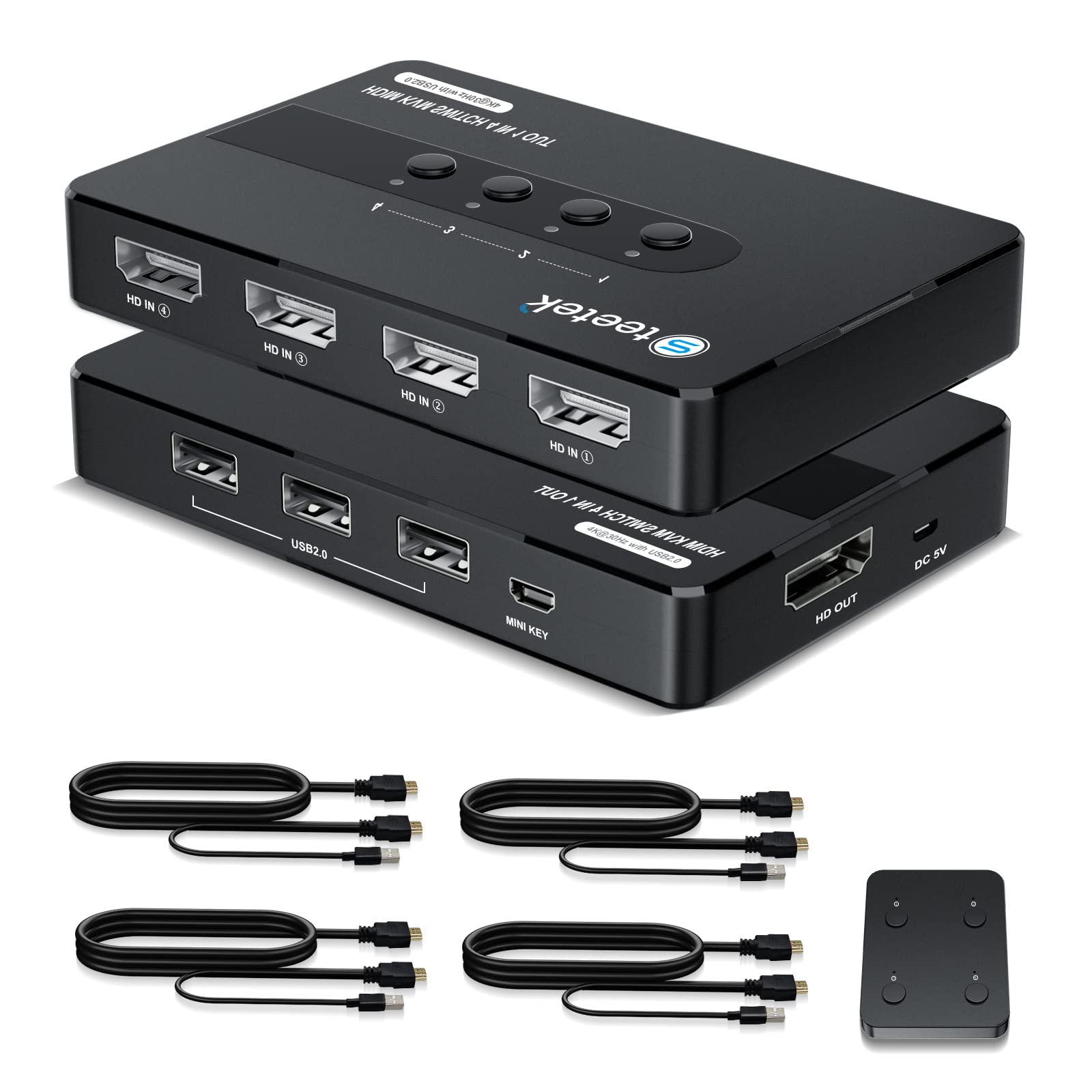 4x1 KVM Switch 4 Port HDMI Box, Ultra HD 4K@30Hz KVM with 3 USB 2.0 Hub, 4 Computers Share 1 Monitor, 4 Port HDMI KVM Switch Support Wired Remote Switch and Button Switch, with 4 HDMI and USB Cables