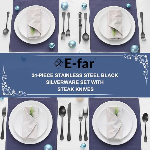 E-far 24-Piece Black Silverware Set with Steak Knives, Stainless Steel Flatware Cutlery Set for 4, Matte Black Metal Eating Utensils Sets Include Forks and Spoons Knife, Modern Design & Rust Proof
