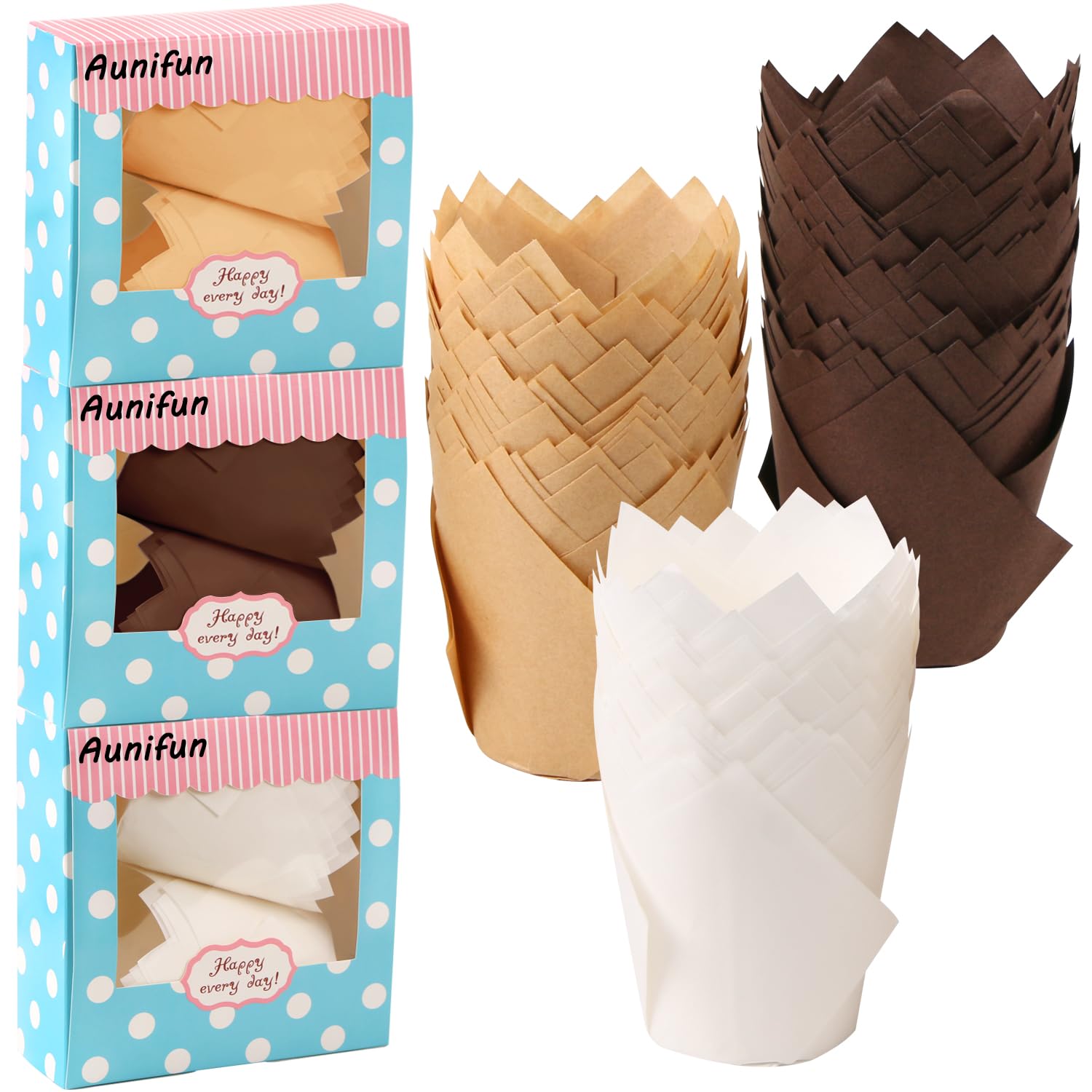 Aunifun 180 Pieces of Tulip Baking Paper Cups Cupcake Muffin Liners Pans Wrappers in 3 Colors, White, Natural, Brown