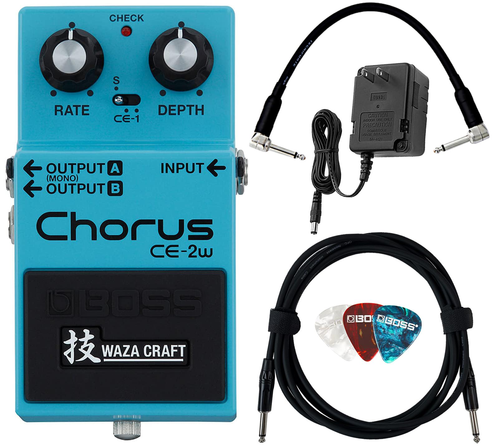 Boss CE-2W Waza Craft Chorus Bundle with Power Adapter, 10ft Instrument Cable, 6in Patch Cable, and Picks