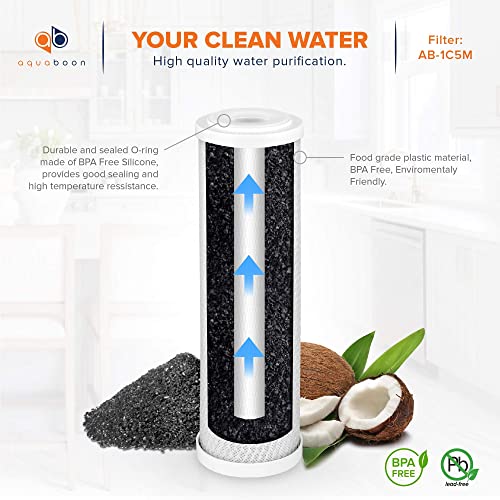 Aquaboon Coconut Shell Water Filter Cartridge | Activated Carbon Block CTO | Universal 5 Micron 10 inch Cartridge | Compatible with DWC30001, WFPFC8002, FXWTC, WHEF-WHWC, WHKF-WHWC 6-PACK