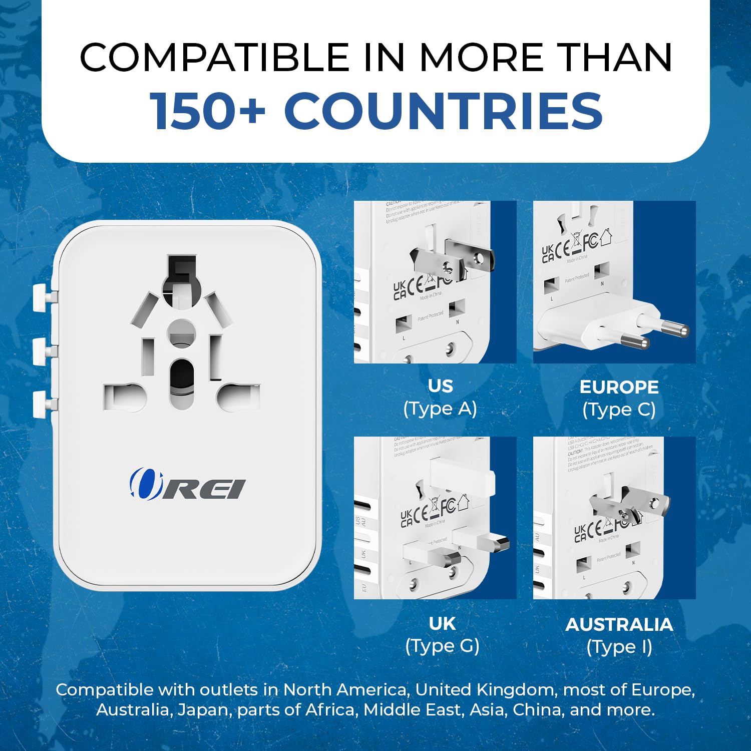 OREI 25Watt Universal Travel Adapter | 2 (USB C) 1 (USB A) 4-in-1 Universal Power Adapter | | Type C, A, G, I Compatible | Universal Chargers for All Devices compatible 150+ Countries