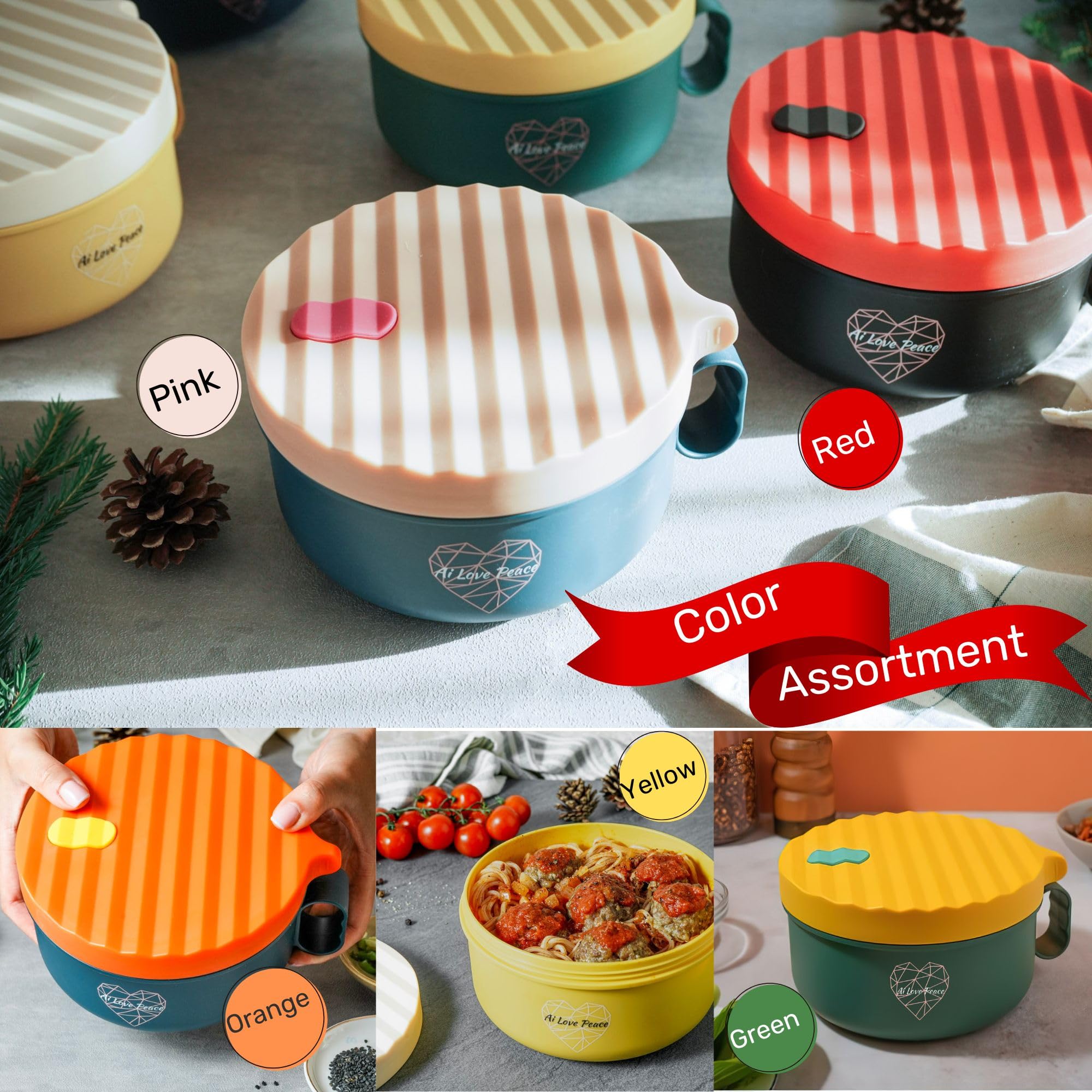 AI LOVE PEACE Microwave Ramen Bowl with Lid - Microwavable Noodle Cooker Container for Dorm Essentials, Ramen Maker, Meal Prep Microwave Safe Instant Noodles Soup Bowl - BPA Free, Dorm Room Gift (Red)