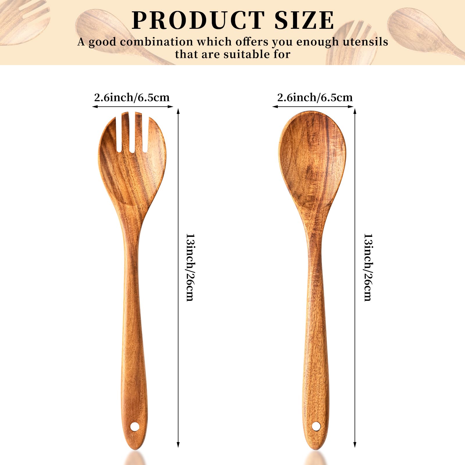 Gudamaye Acacia Wooden Salad Server Set,13 inch Salad Tongs for Serving including Salad Mixing Dinner Fork and Spoon,Long Handle Salad Server Set