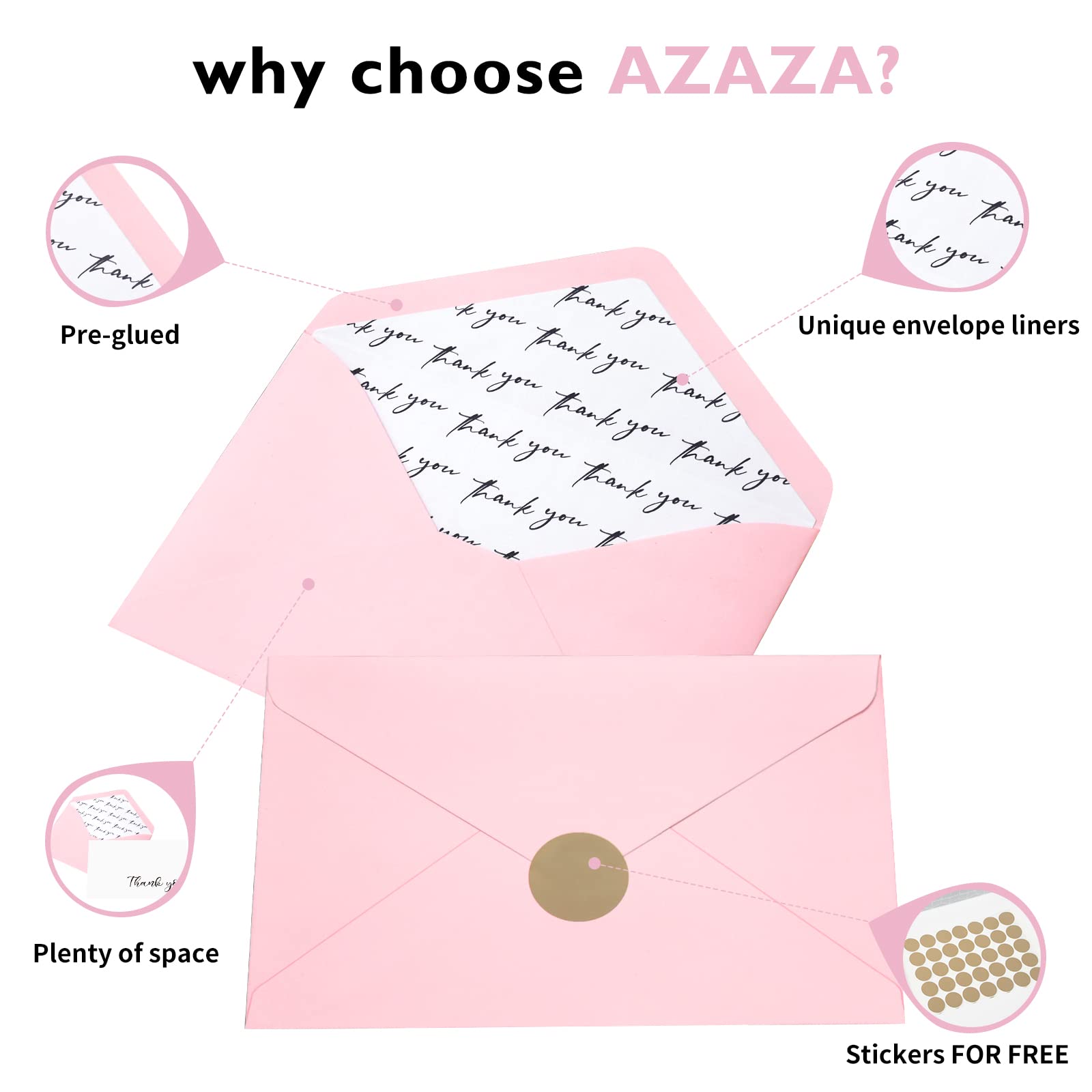 AZAZA Bridal Shower Thank You Cards with Envelopes, 100 Pack, Modern Minimalistic Design, 4x6 Inch, Pink