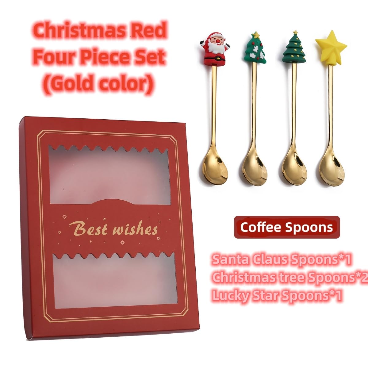 Christmas Coffee Spoons Coffee Stirrers Cake spoon Premium Stainless Steel Ice Tea Spoons, Ice Cream Spoon, Cocktail Stirring Spoons Set of 4(Gold Color)