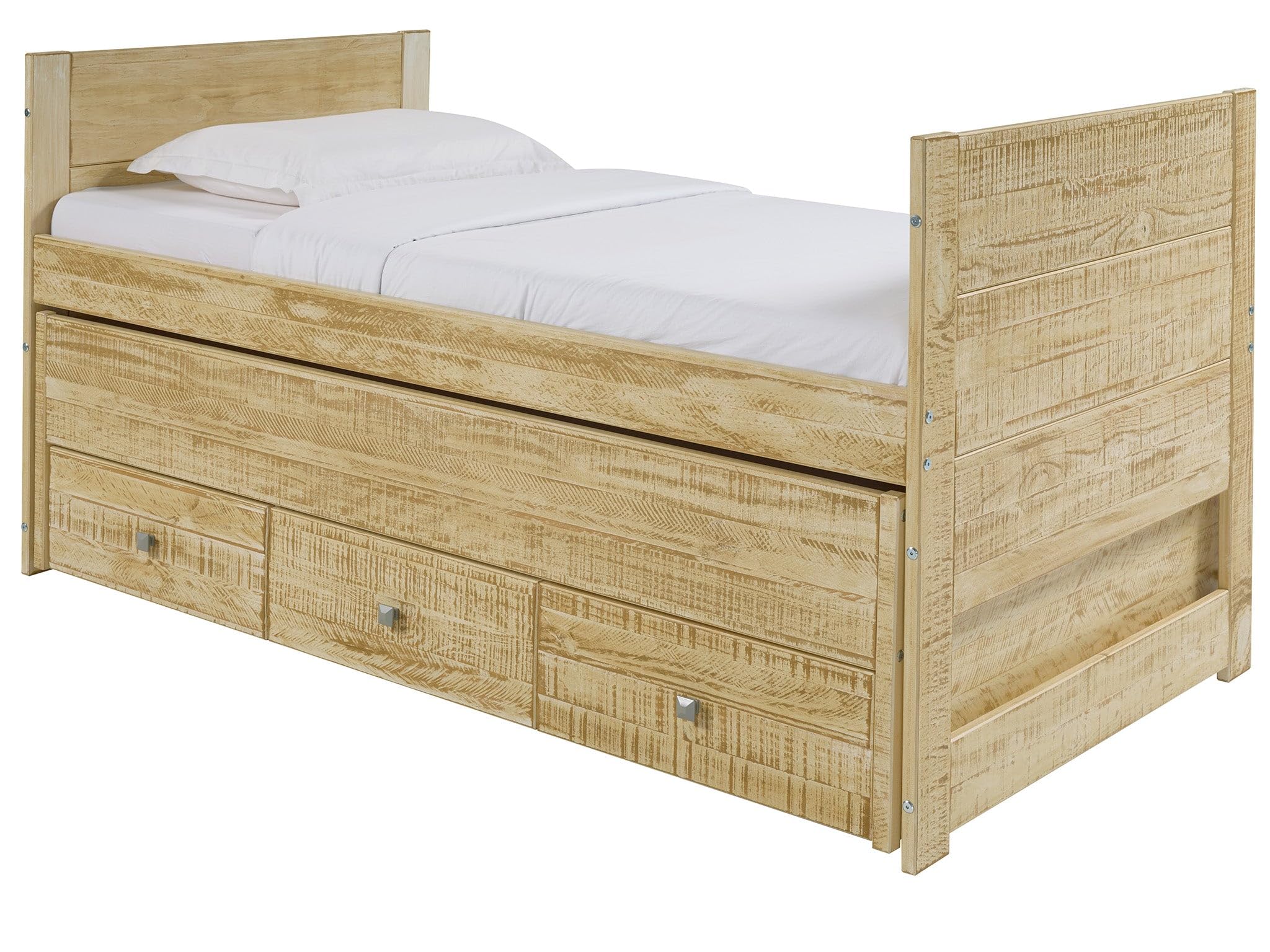 Bedz King All in One Twin Bed with Twin Trundle and 3 Built in Drawers, Weathered Honey