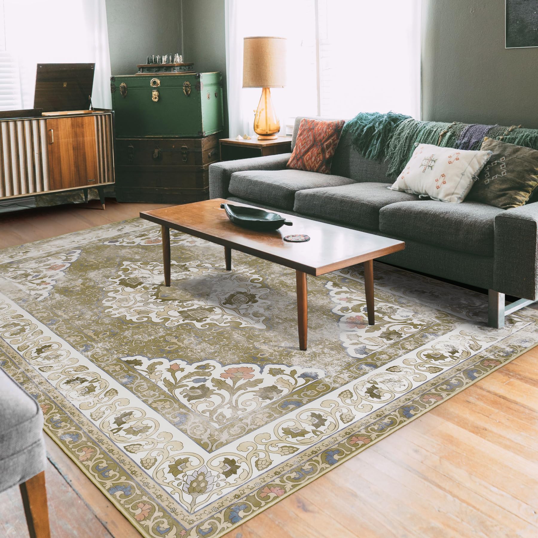 B BENRON Soft Living Room Rug 4x6, Brown, Thin Rugs for Bedroom, Floral Rug with Memory Foam, Low-Pile Area Rug Home Decor